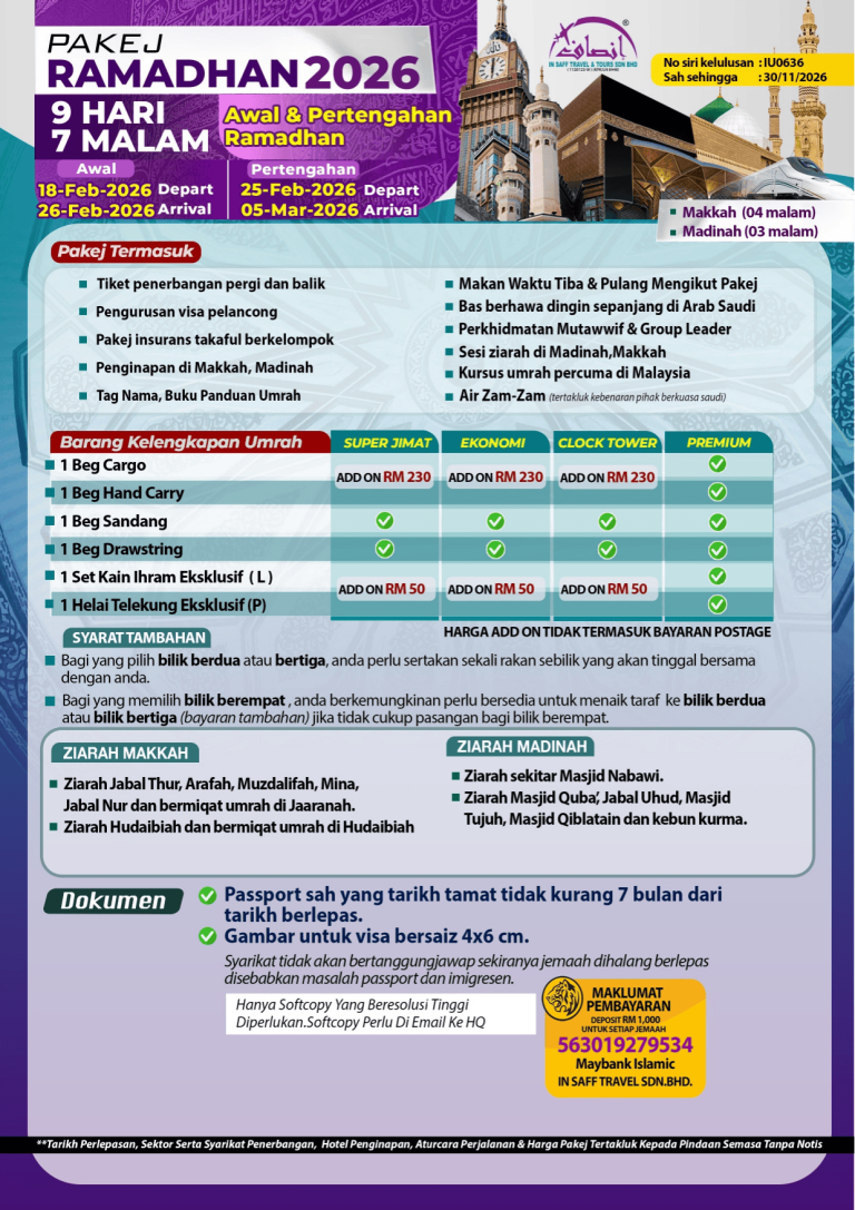 Pakej Umrah Ramadan 1447H/2026M - In Saff Travel & Tours Sdn. Bhd.